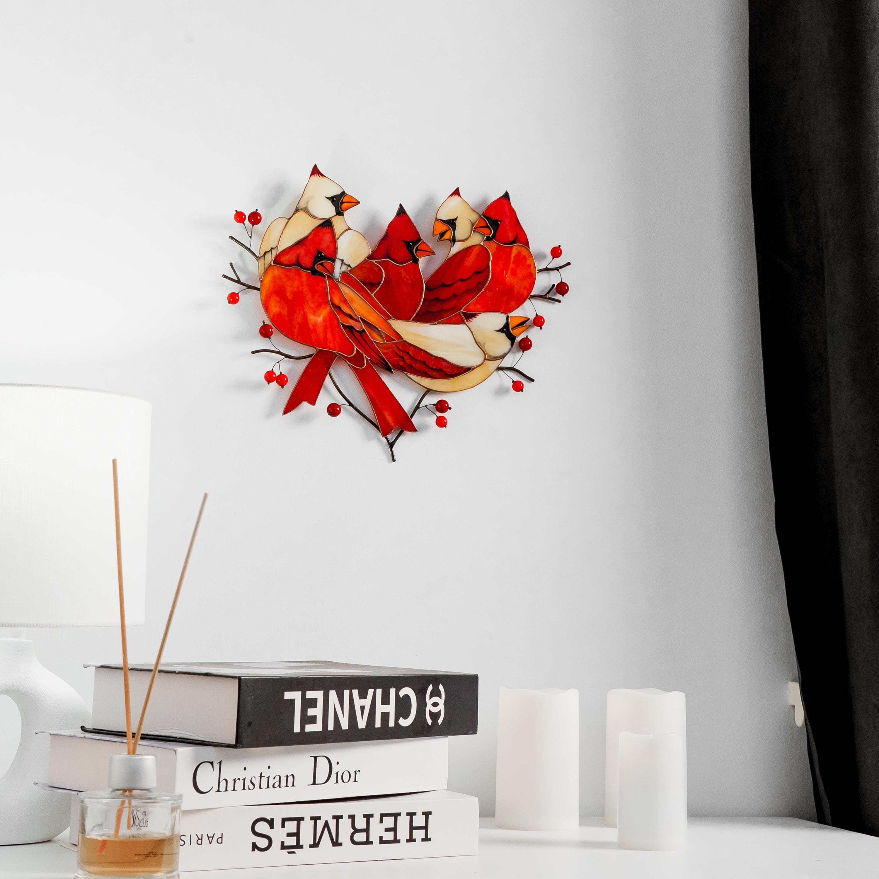 Red Cardinal Family Stained Glass Wall Decor Unique Handmade Bird ...