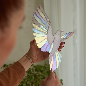 White Dove Wall Decor, Iridescent Stained Glass Dove Bird Wall Hanging ...