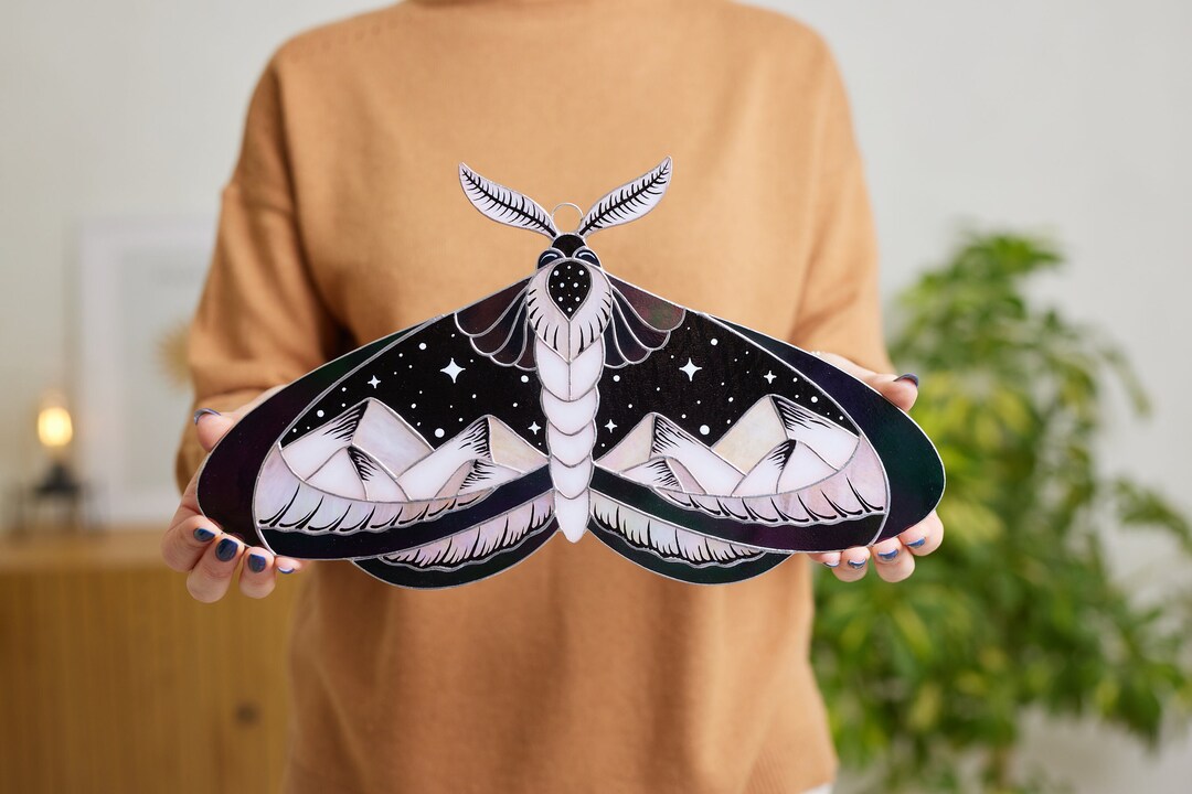 Stained Glass Moth Wall Decor, Hand Painted Mountains Wall Hanging ...