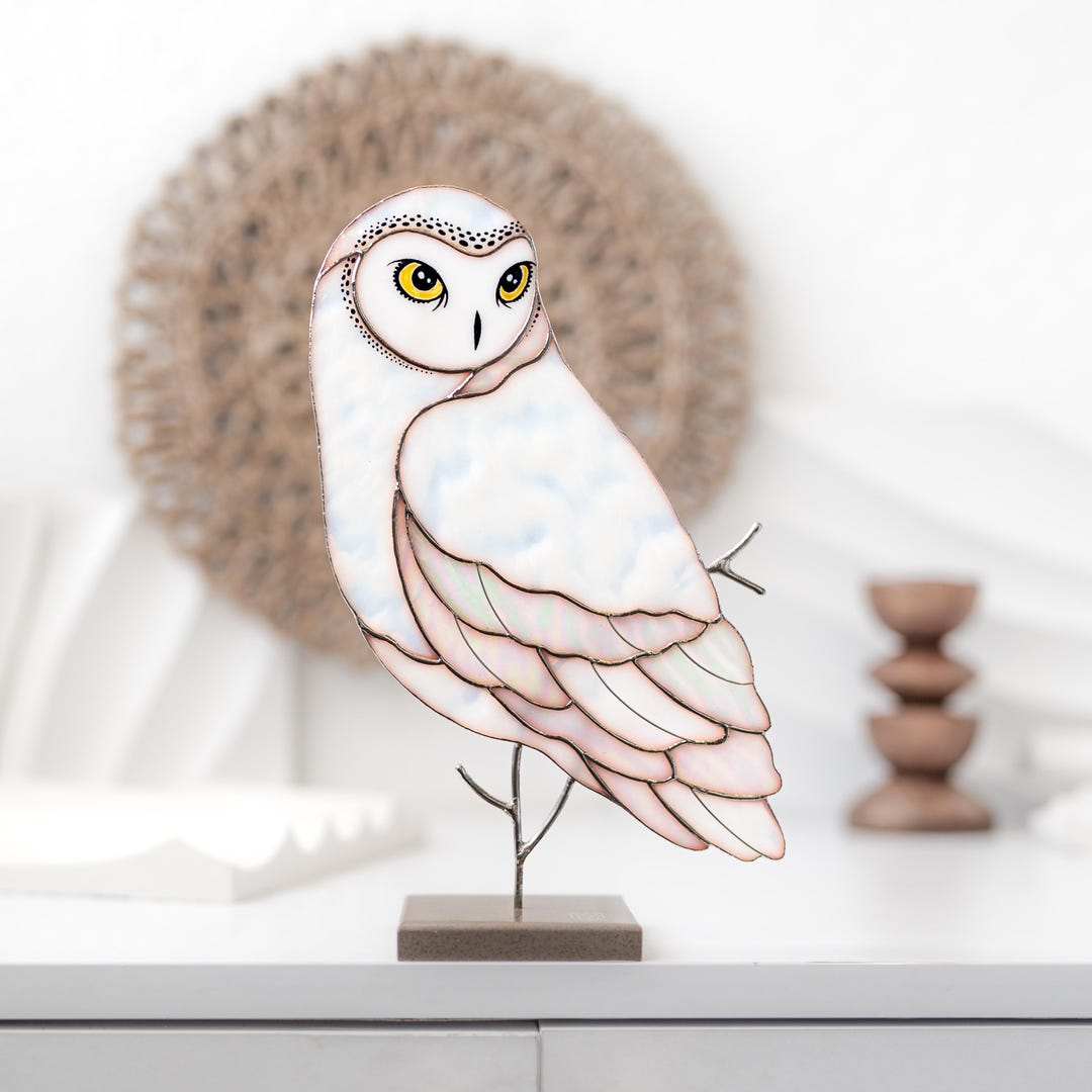 Stained Glass Snowy Owl Table Decor on Faux Stone Base Handmade Owl ...
