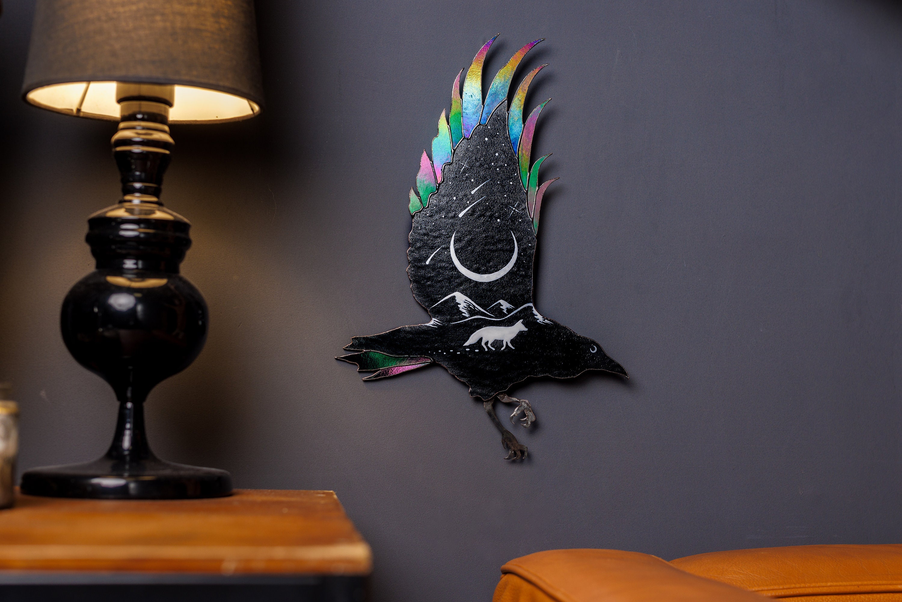Stained Glass Raven Wall Decor With Hand-painted Midnight Landscape ...