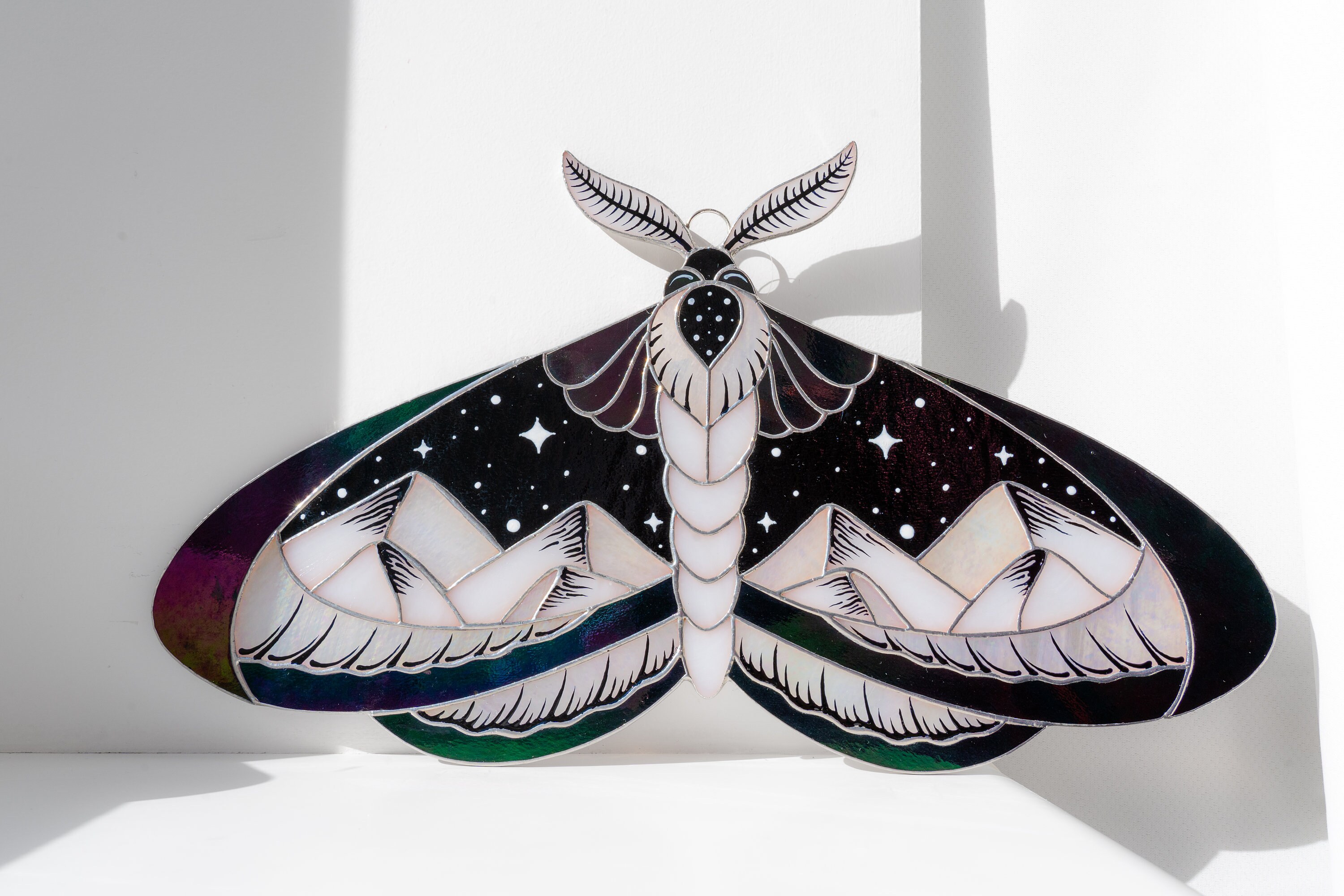 Stained Glass Moth Wall Decor, Hand Painted Mountains Wall Hanging ...