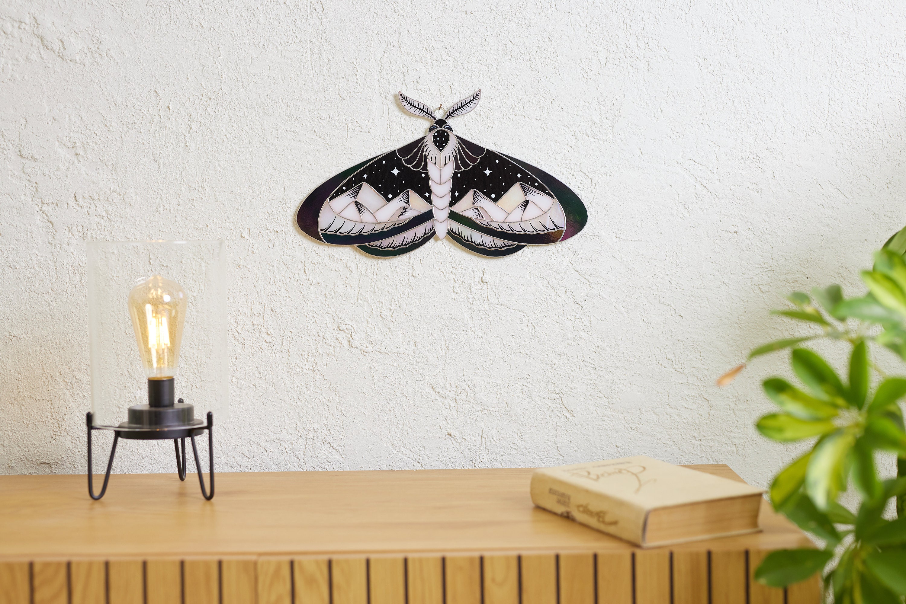 Stained Glass Moth Wall Decor, Hand Painted Mountains Wall Hanging ...