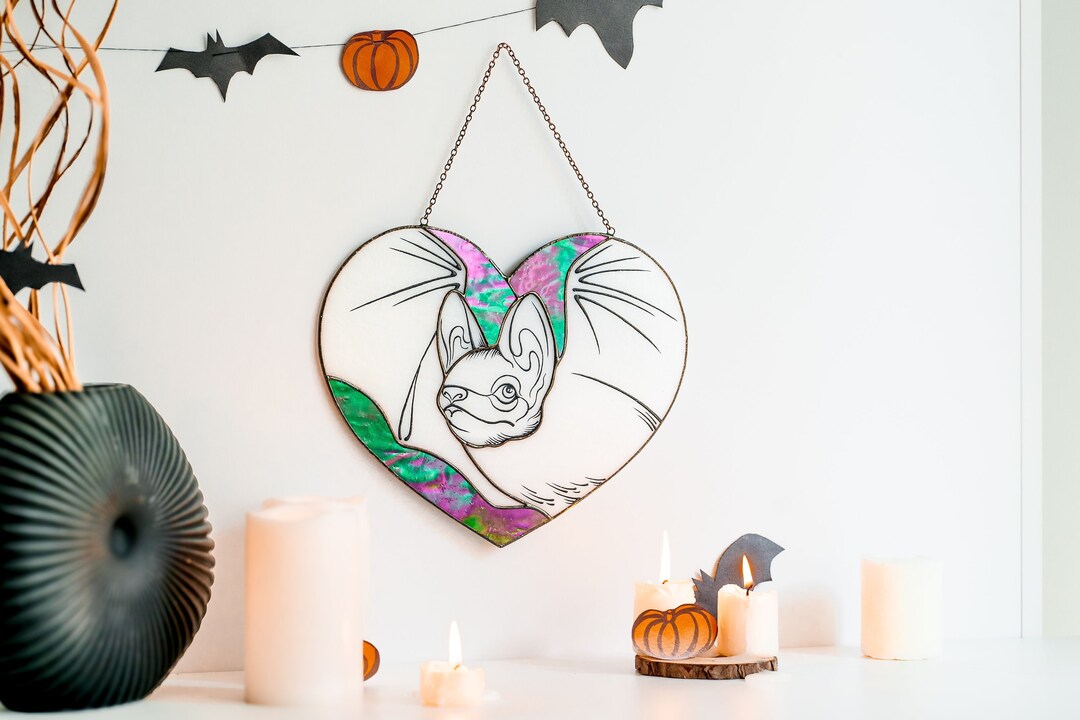 Whimsical Stained Glass Heart Bat Wall Decor Gothic Bat Decoration ...