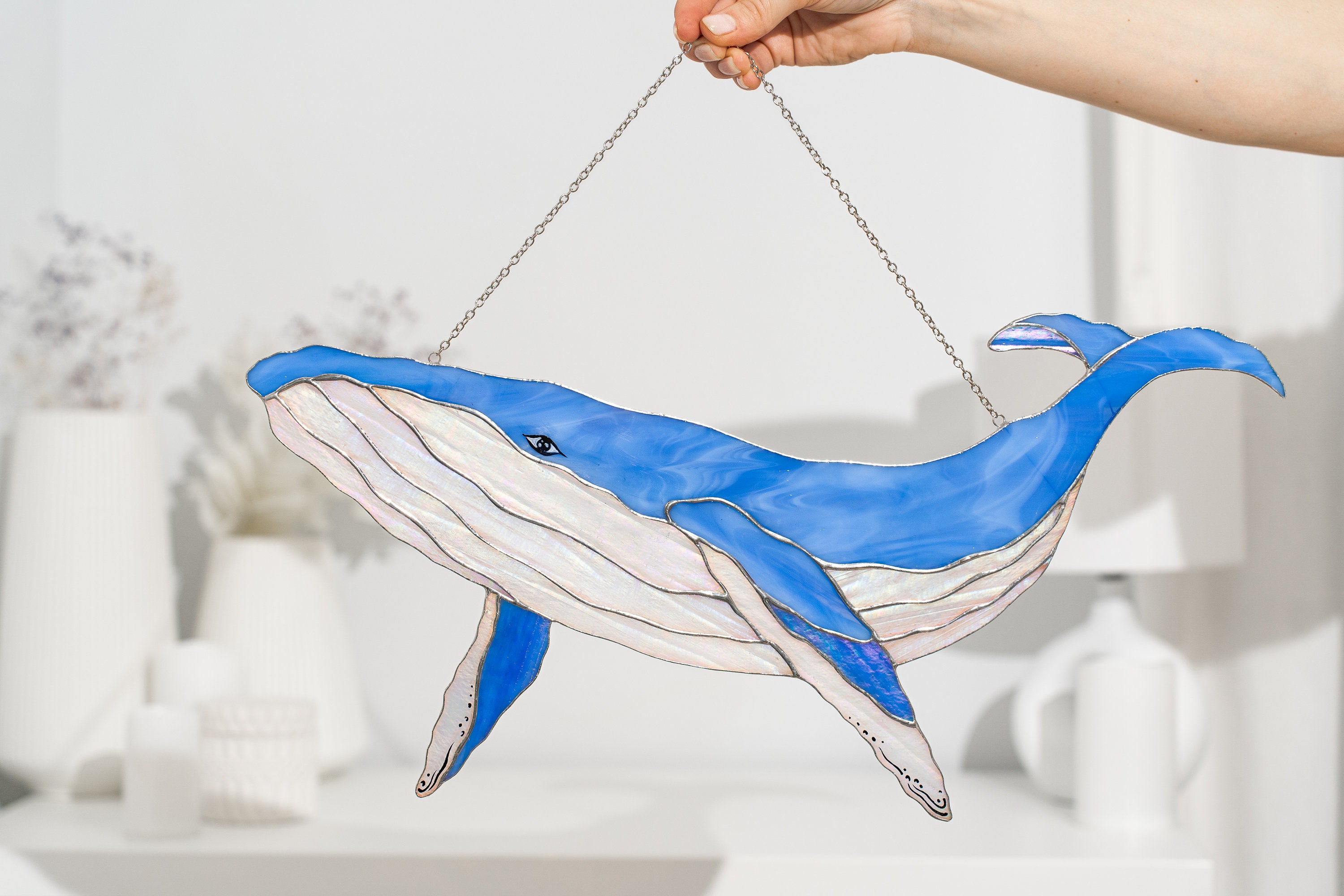 Stained Glass Whale Wall Decor, Large Humpback Whale Wall Art, Nautical ...