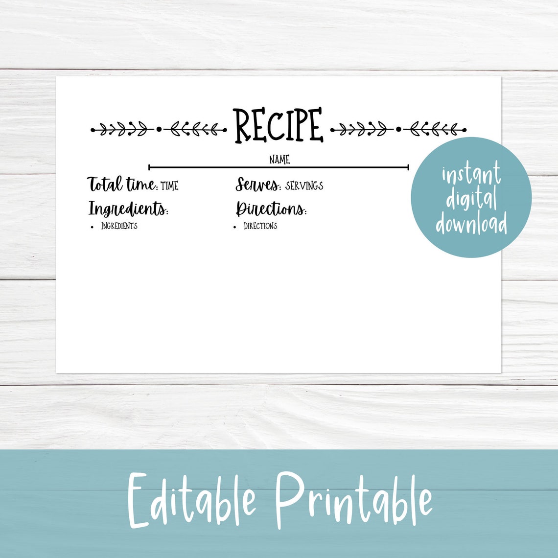 Recipe Card Template Editable Recipe Card Printable Recipe | Etsy
