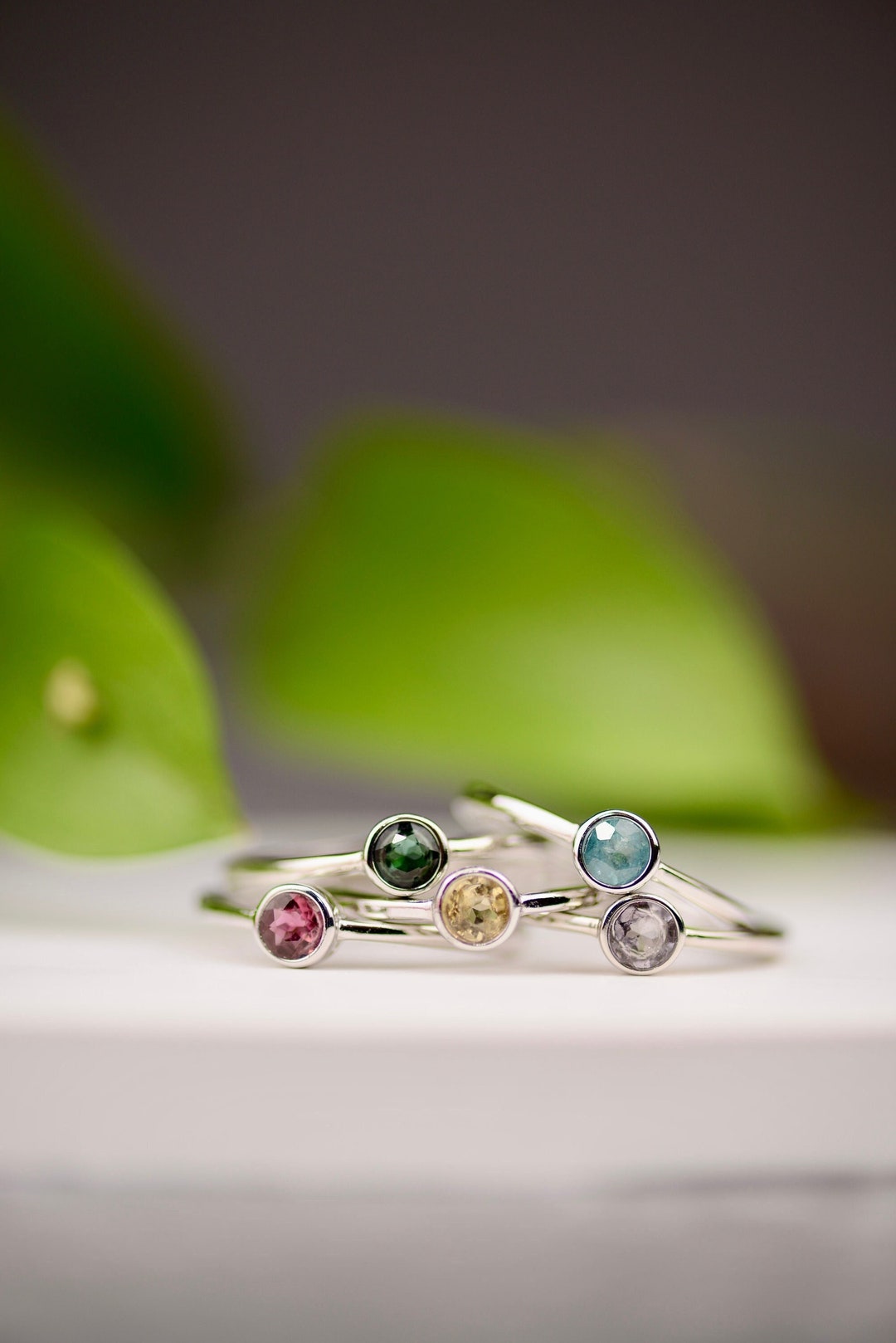 Elegant, Round Cut Faceted Natural Tourmaline Ring, Premium Silver Ring, Skinny Stackable ...