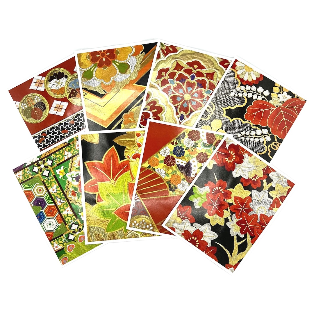 Japanese Greeting Card Set Featuring Traditional Kimono Obi Fabric ...