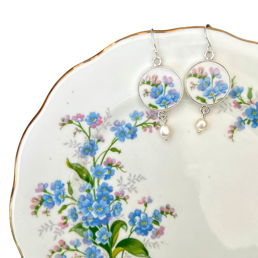 Vintage Royal Albert Forget Me Not China Earrings Handmade With Dainty ...