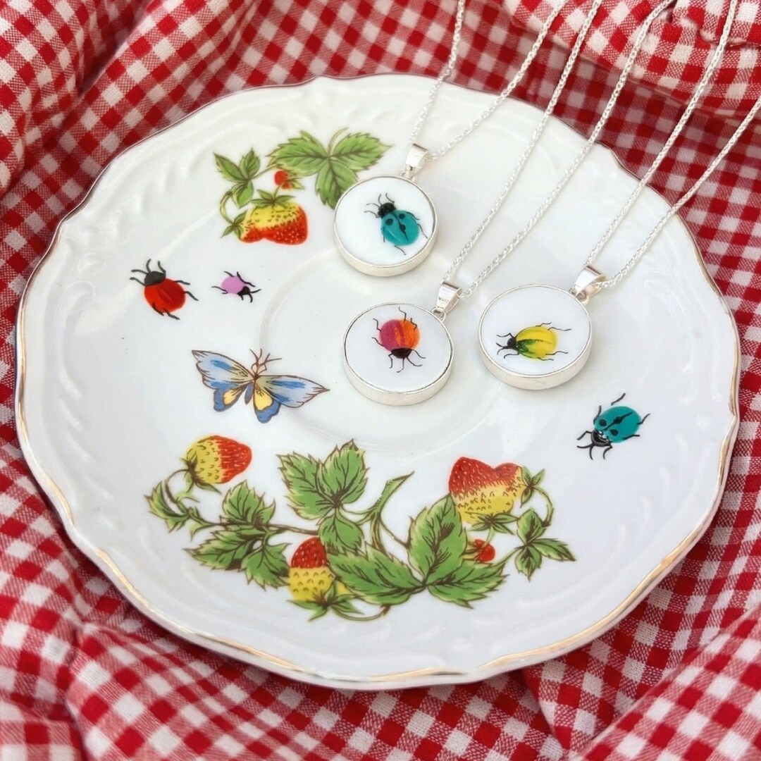 Ladybug Pendant China Necklaces Handmade With Upcycled China & Sterling ...