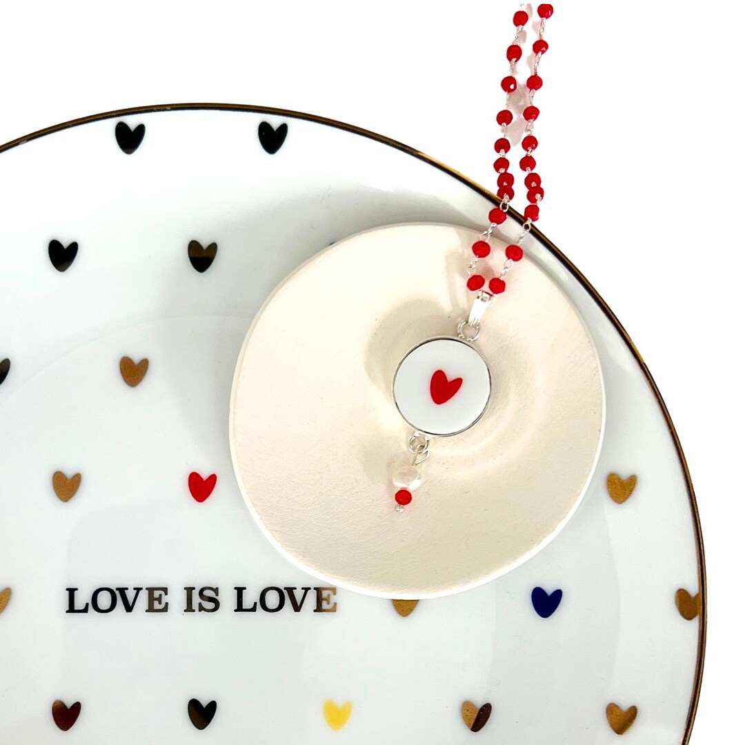 Upcycled Tiny Red Heart China Necklace With Vintage China Sterling ...