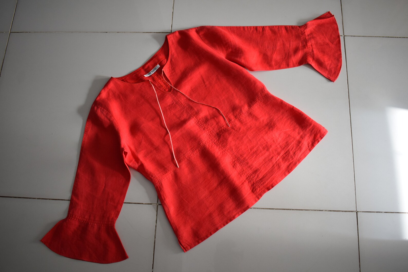Vintage 1990s Lipstick Red Ramie Flared Cuff Top 90s Bright Red Tie ...