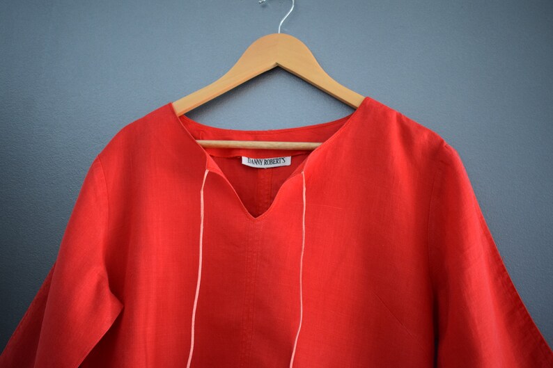 Vintage 1990s Lipstick Red Ramie Flared Cuff Top 90s Bright Red Tie ...