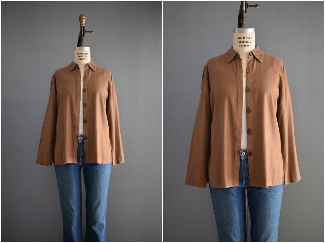 Vintage 1990s Minimalist Mocha Brown Linen Long Sleeve Shirt Duster ...