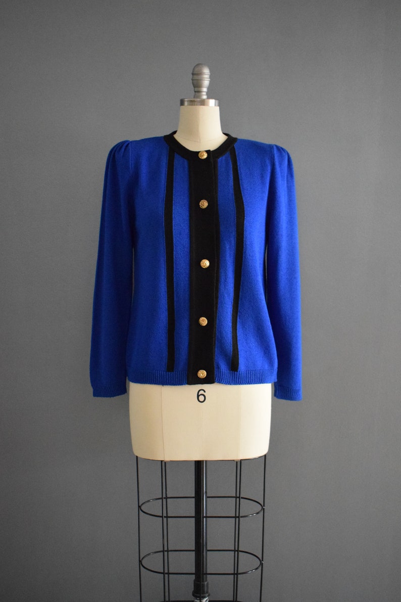 Vintage 1980s Royal Blue and Black Color Block Knit Blazer 80s Blue and ...