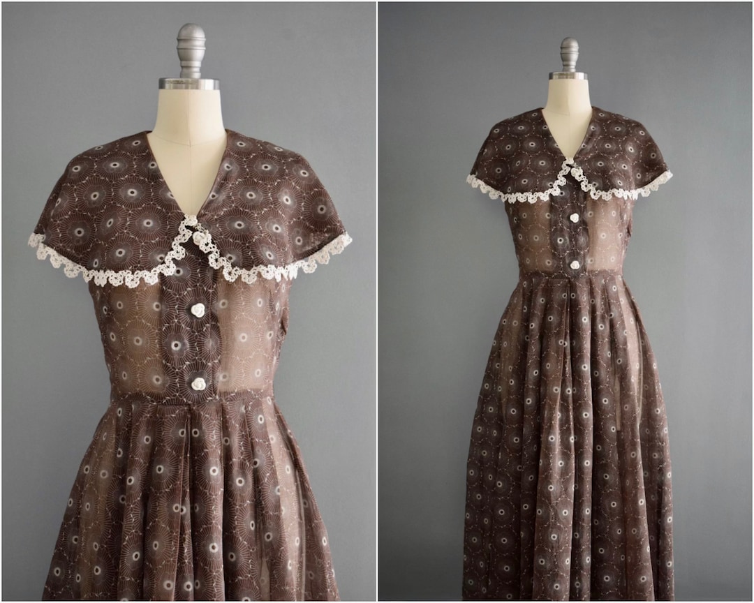 Vintage 1940s Fit and Flare Dress With Large Collar 40s Brown White ...