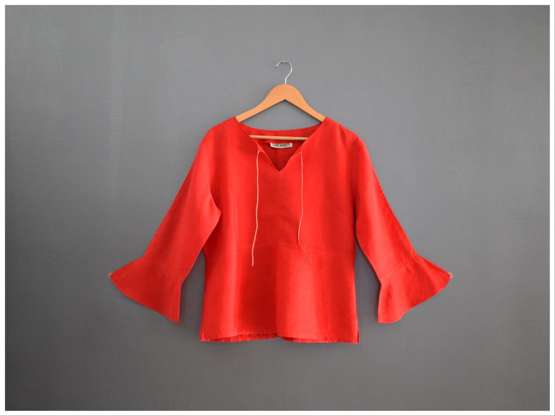 Vintage 1990s Lipstick Red Ramie Flared Cuff Top 90s Bright Red Tie ...