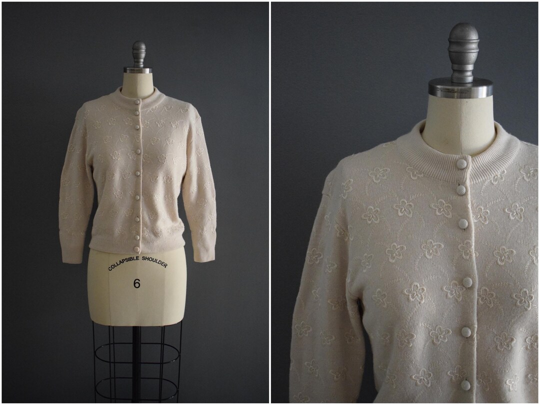 Vintage 1950s Oatmeal Floral Embroidered Cardigan Sweater | 50s Union ...