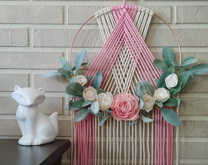 Modern Pink and Ivory Macrame Metal Hoop Wall Hanging Rose Sola Wood ...