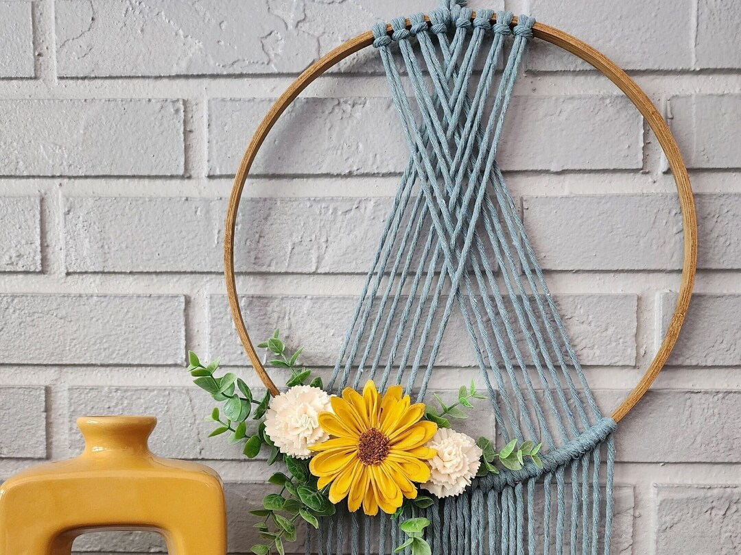 Dusty Blue Macrame Hoop Wall Hanging With Sunflower, Sunflower Decor ...