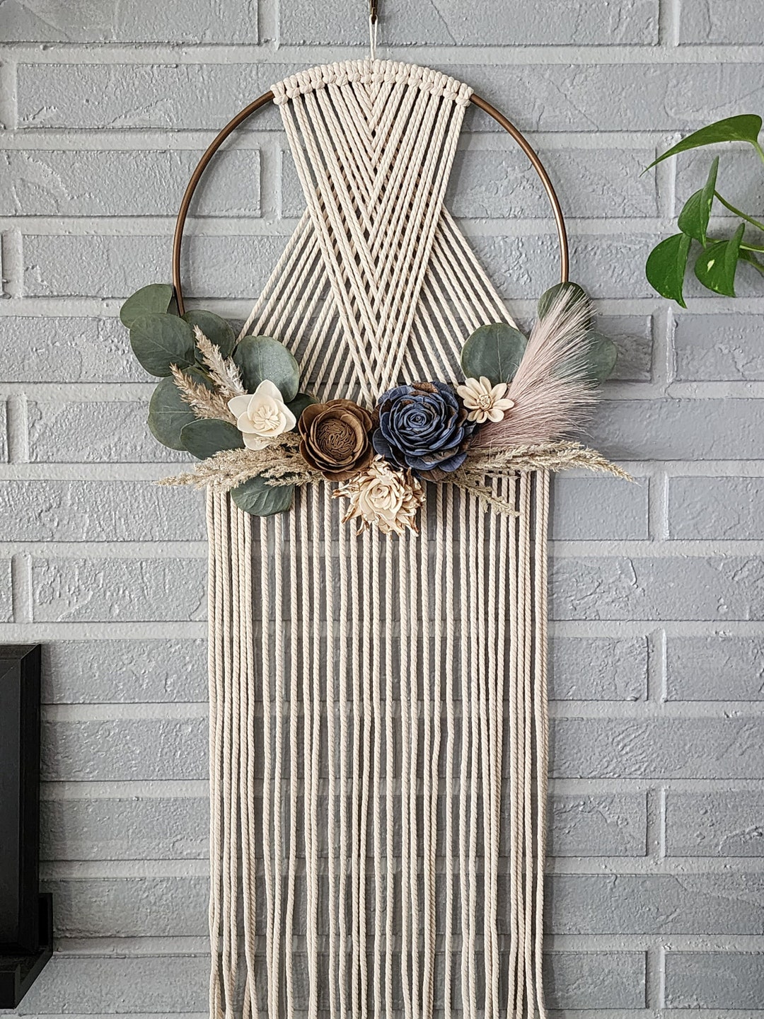 Coastal Macrame Hoop Wall Hanging With Neutral Wood Flowers, Pampas ...