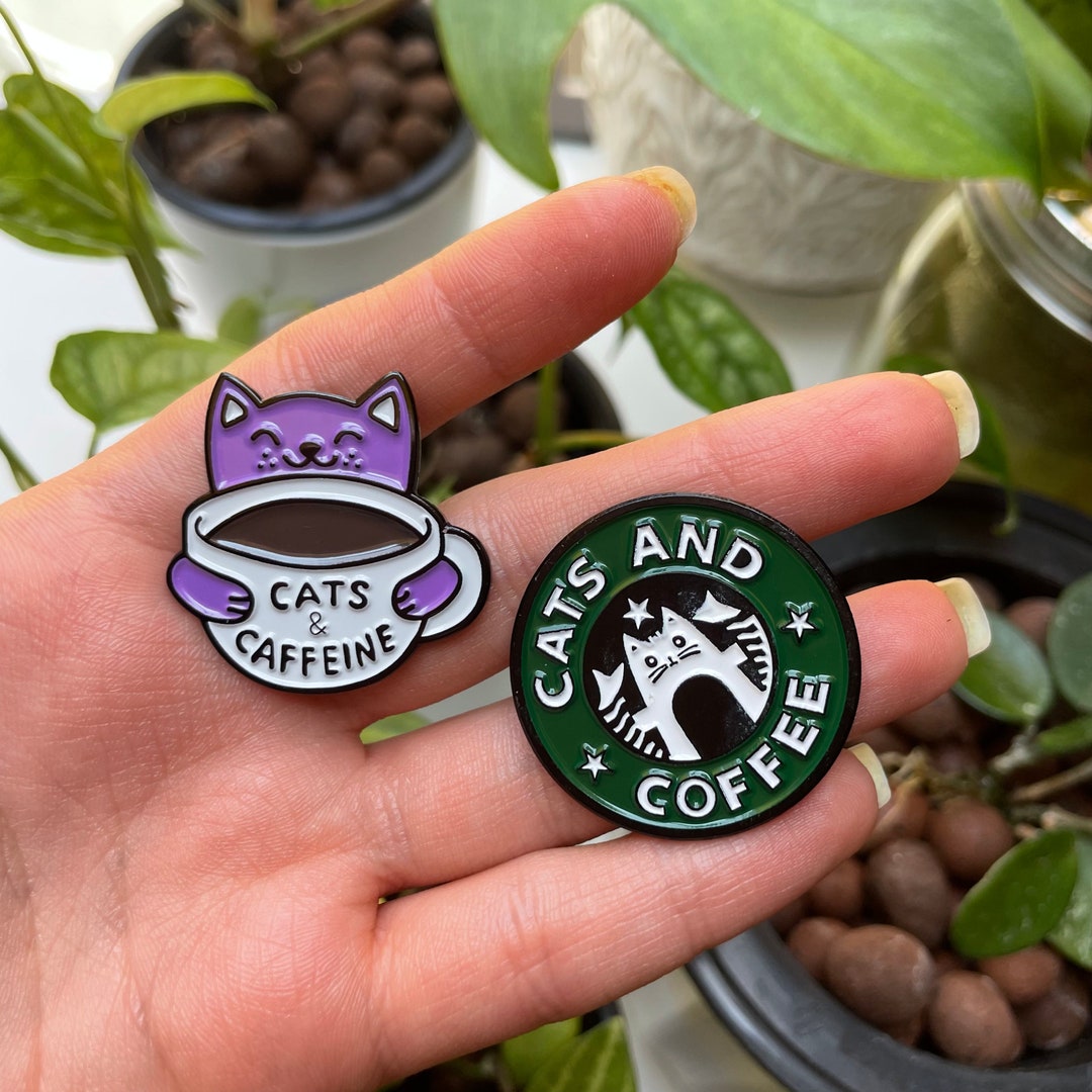 Cats and Coffee Enamel Pins - Cute Cat Lover Pin Caffeine Addict Enamel ...