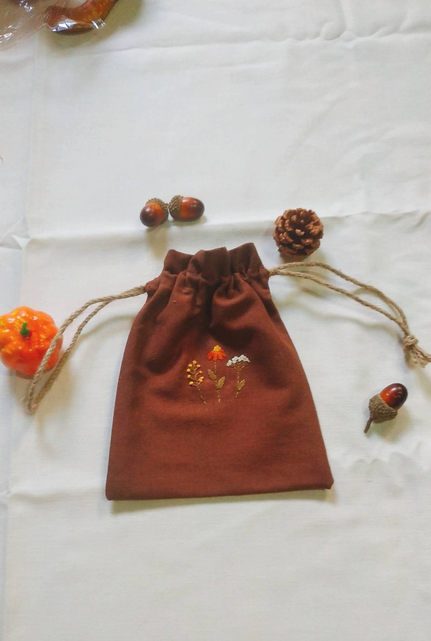 Embroidered Drawstring Bag, Linen Drawstring Bag, Hand Small Pouch ...