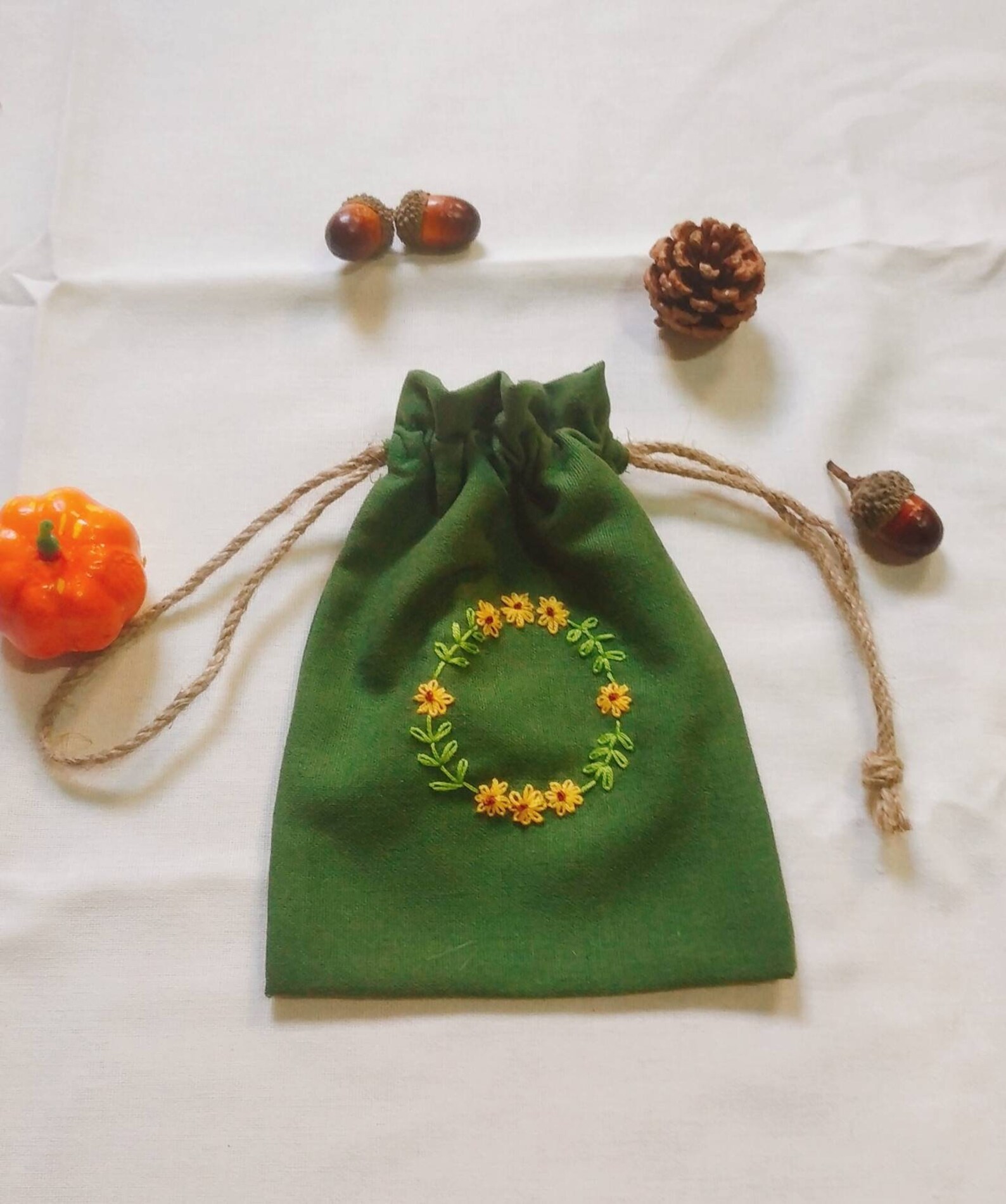 Embroidered Drawstring Bag, Linen Drawstring Bag, Hand Small Pouch ...