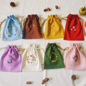 Embroidered Drawstring Bag, Linen Drawstring Bag, Hand Small Pouch ...