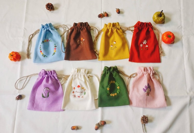 Embroidered Drawstring Bag, Linen Drawstring Bag, Hand Small Pouch ...