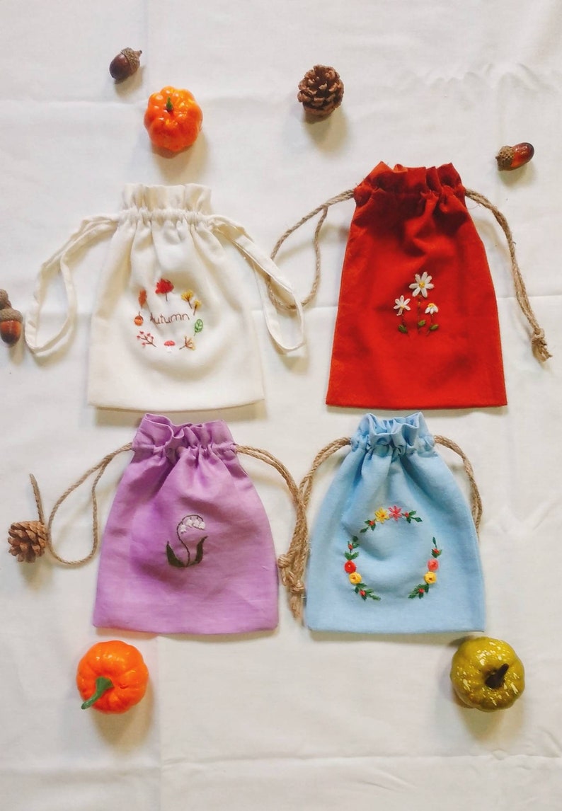 Embroidered Drawstring Bag, Linen Drawstring Bag, Hand Small Pouch ...