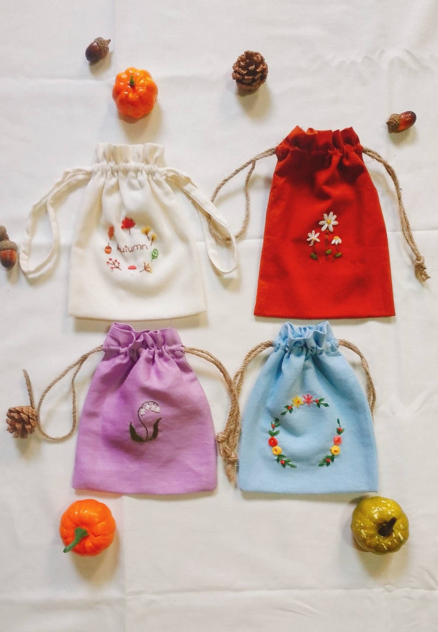 Embroidered Drawstring Bag, Linen Drawstring Bag, Hand Small Pouch ...