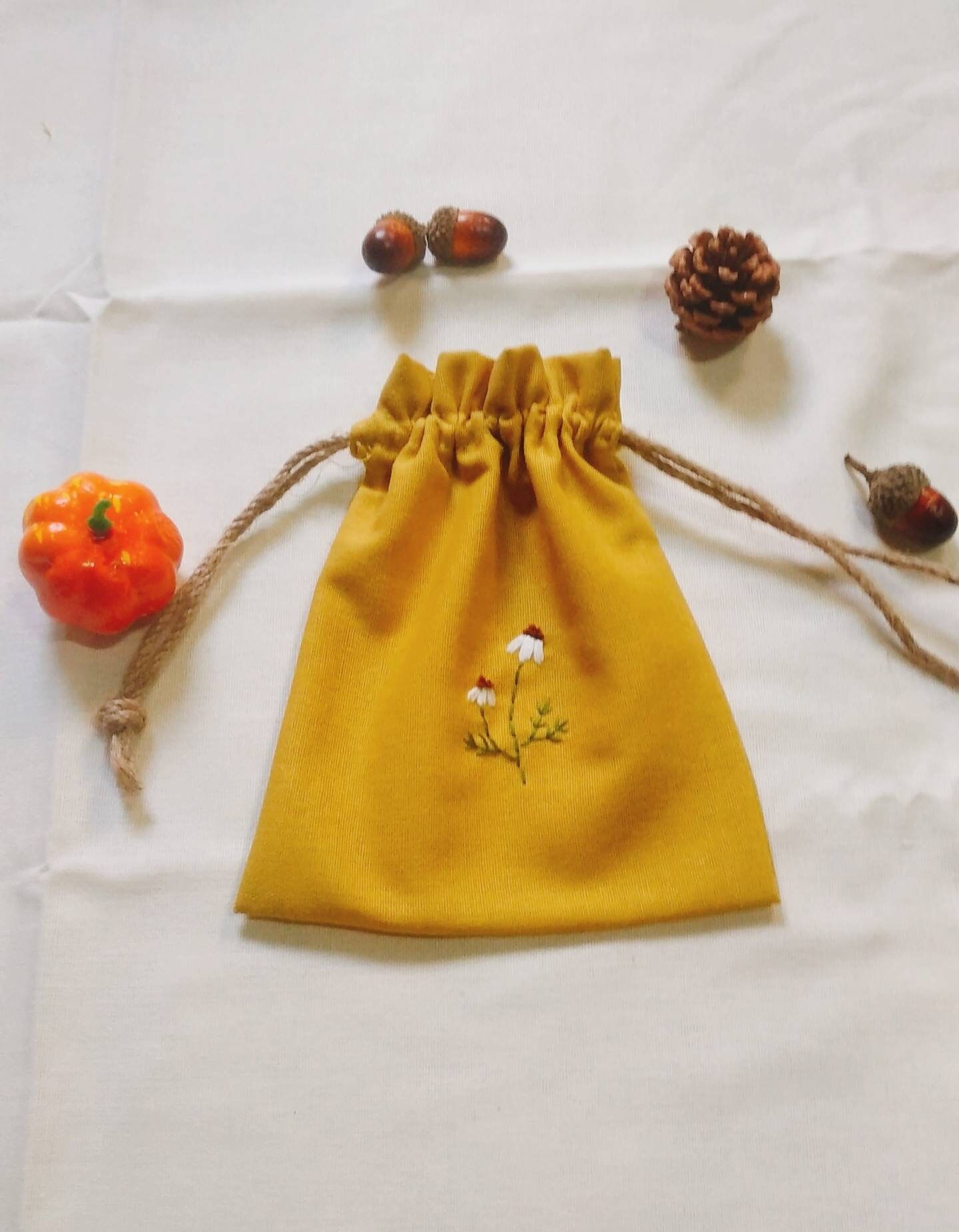 Embroidered Drawstring Bag, Linen Drawstring Bag, Hand Small Pouch ...