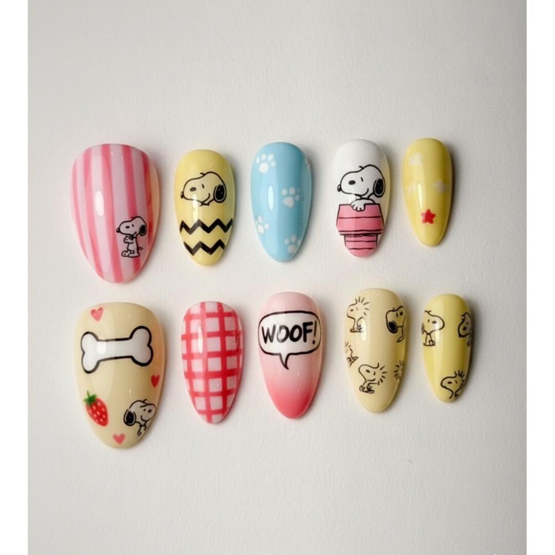 Whimsical Cute Snoopy Press Ons: Pastel Stripe, Paw Print & Strawberry ...