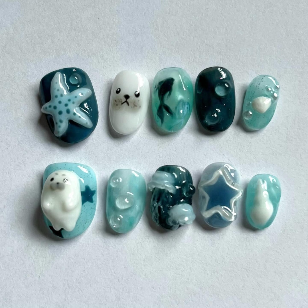 Handmade Ocean Animal Press on Nails | 3D Starfish & Seal Nail Art ...