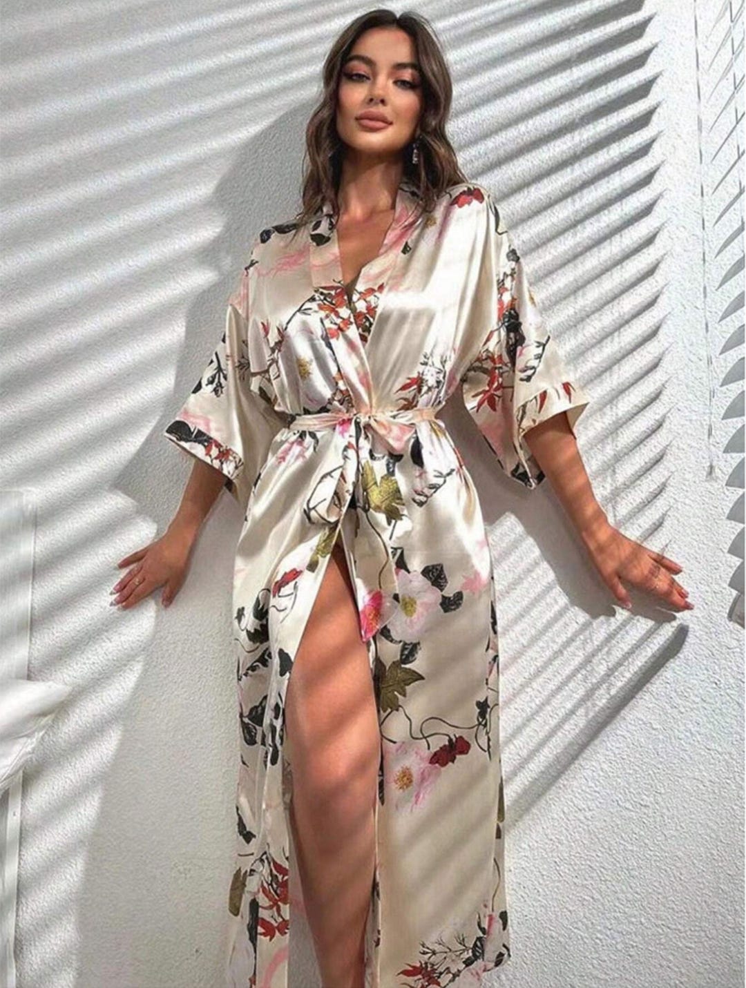 Ready Floral Print Long Robe for Women – Loose Fit 3/4 Sleeve Bathrobe ...