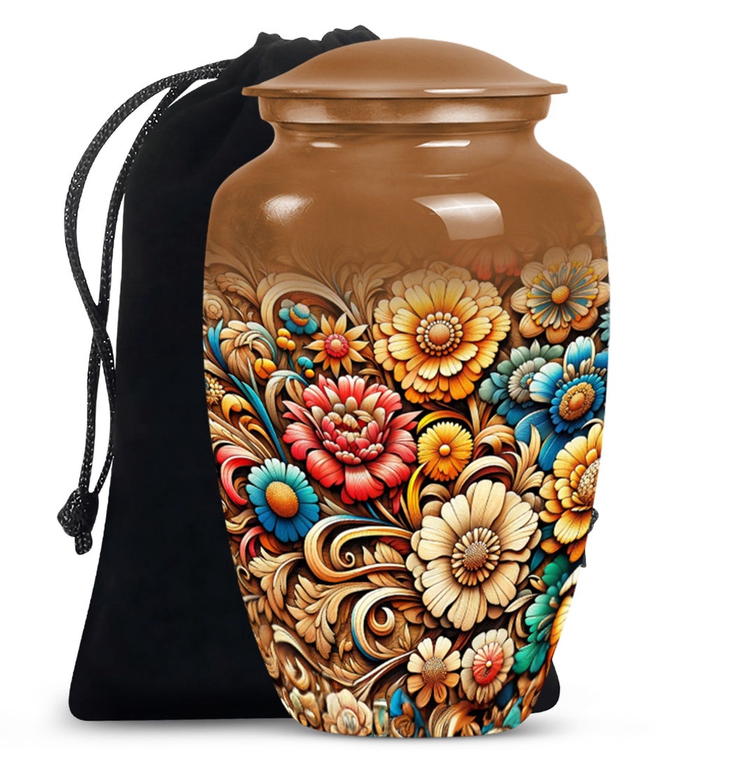 Handcrafted Floral Aluminum Cremation Urn Decorative Customizable ...