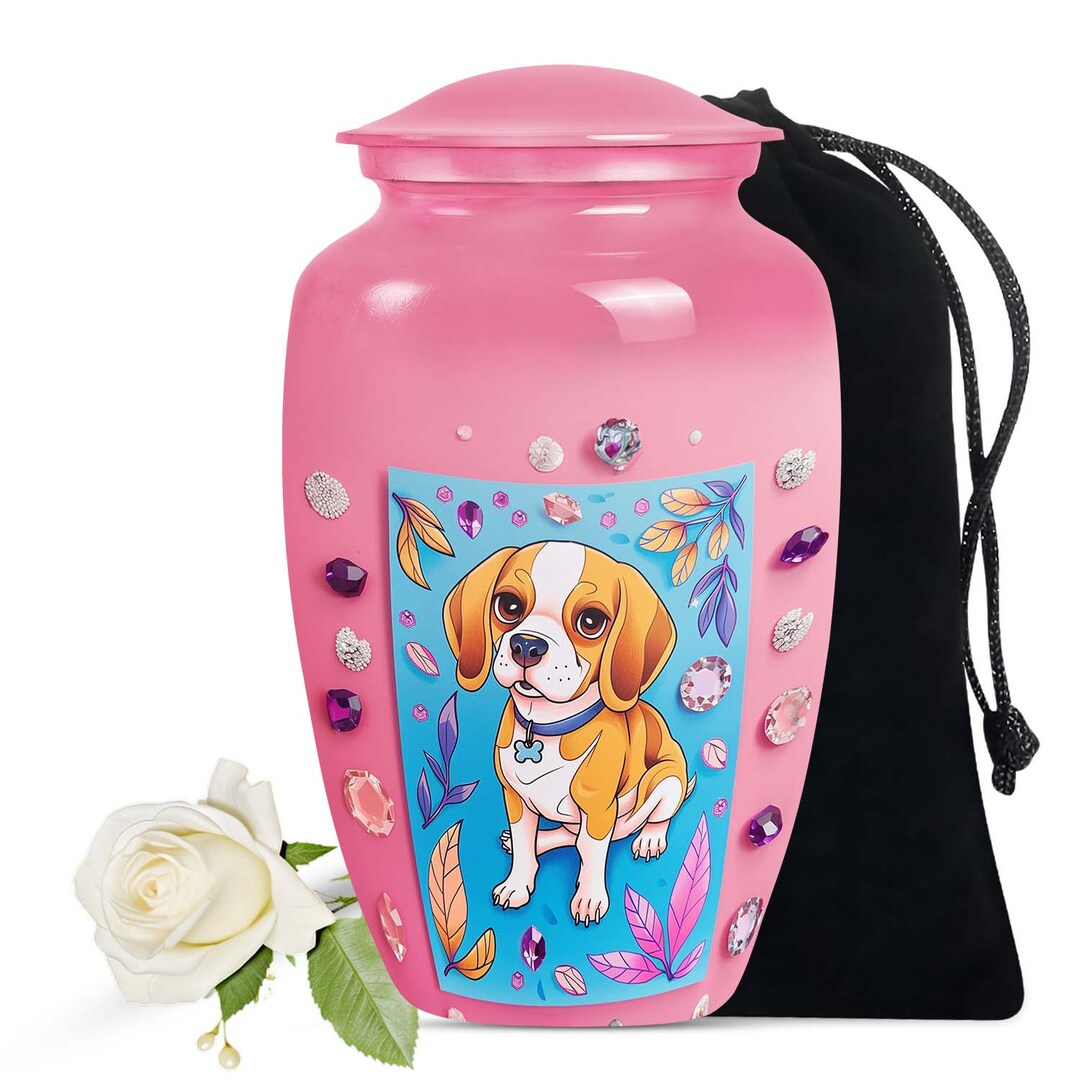 Cute Dog With Blue and Pink Background Pet Urn, Pink Jeweled Puppy ...