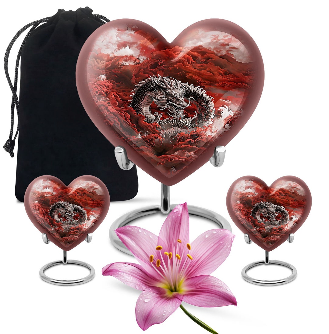 Heart Shaped Dragon Design Memorial Urn Set in Red, Cremation Urn for ...
