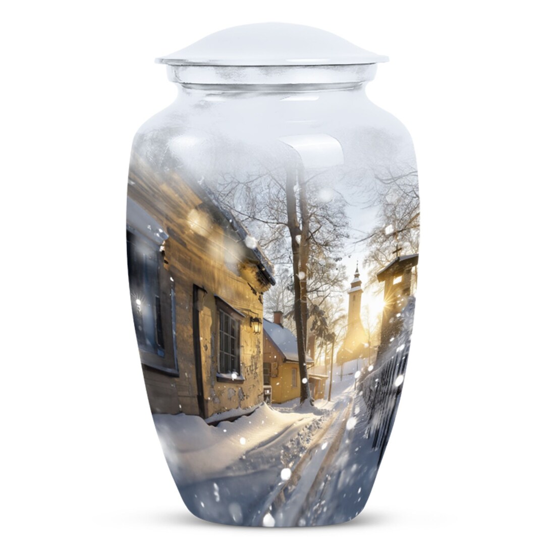 Winter Village Scene Cremation Urn Decorative Urn Customizable Memorial ...