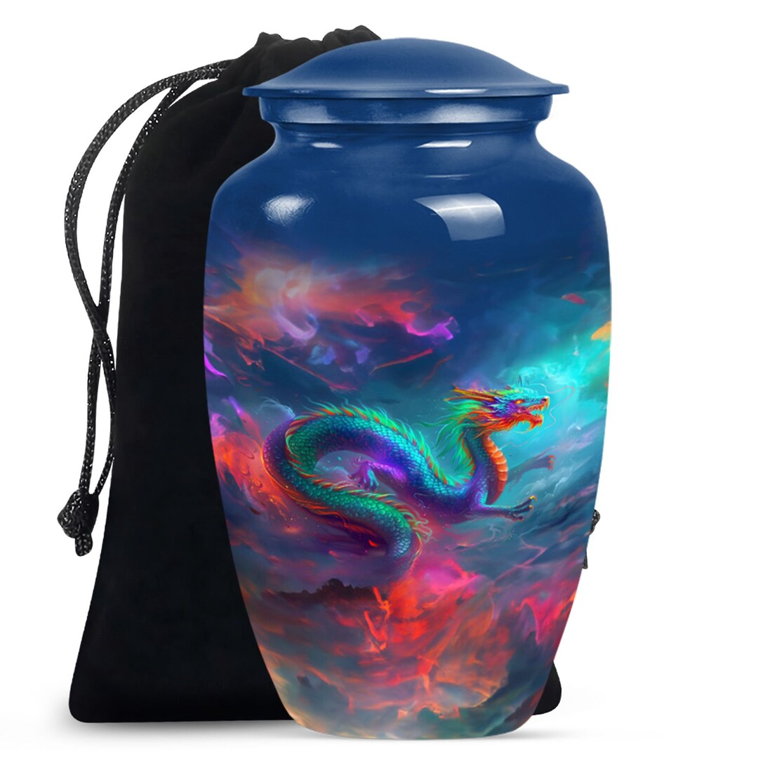 Vibrant Dragon Cremation Urn, Blue and Multicolored Urn for Ashes ...