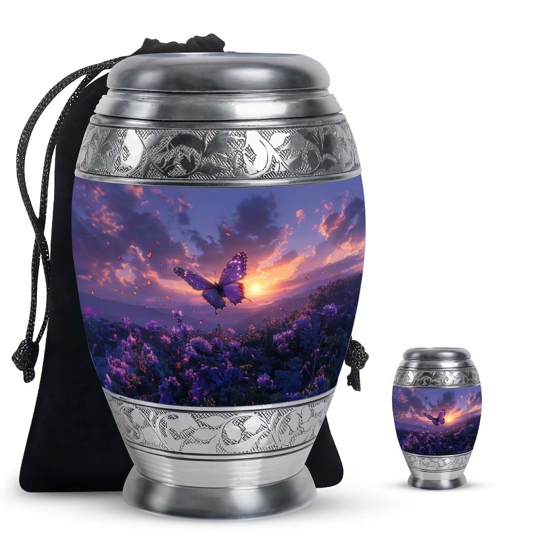 Sunset Purple Butterfly Urn for Ashes - Decorative Memorial Urn With ...