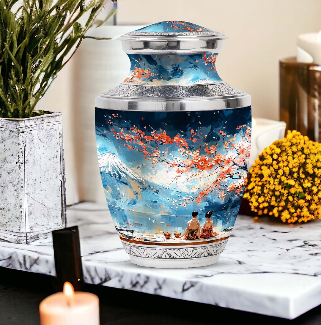 Cherry Blossom and Mount Fuji Scene, Customizable Memorial Urn for ...