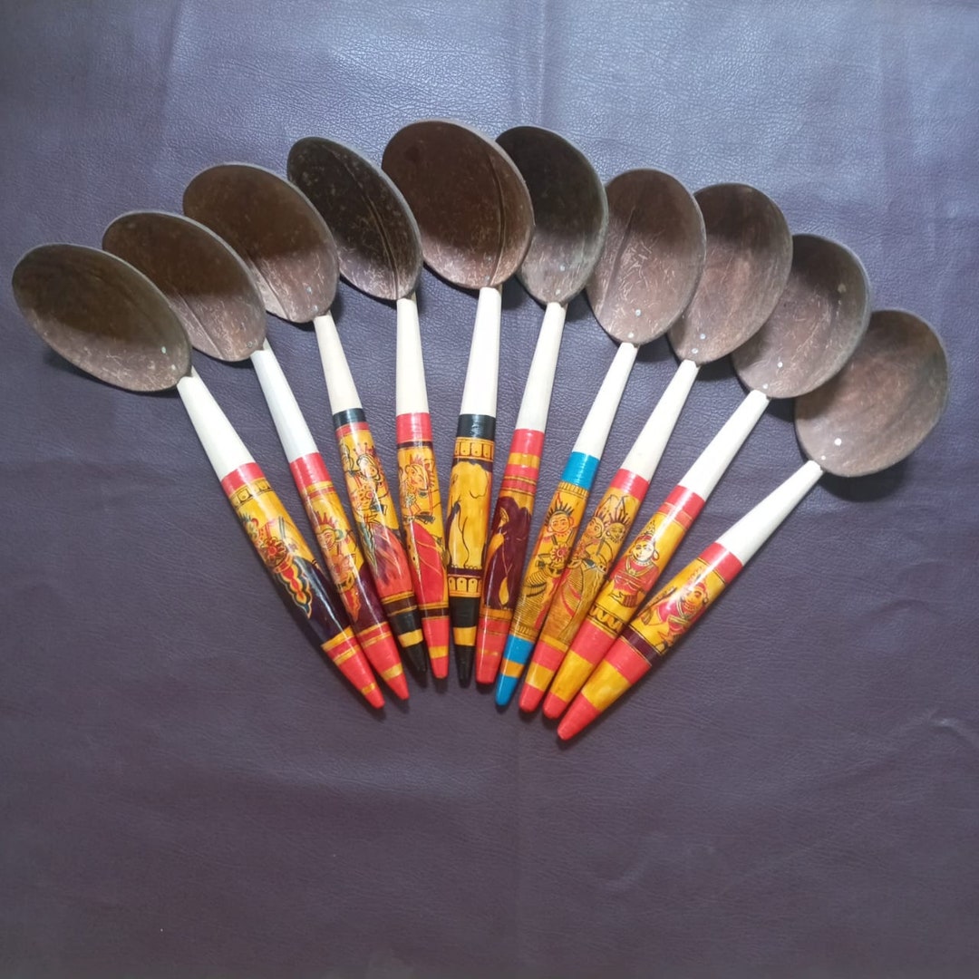 Large Size Coconut Shell Spoons,handpainted Laddle,wooden Spoons ...