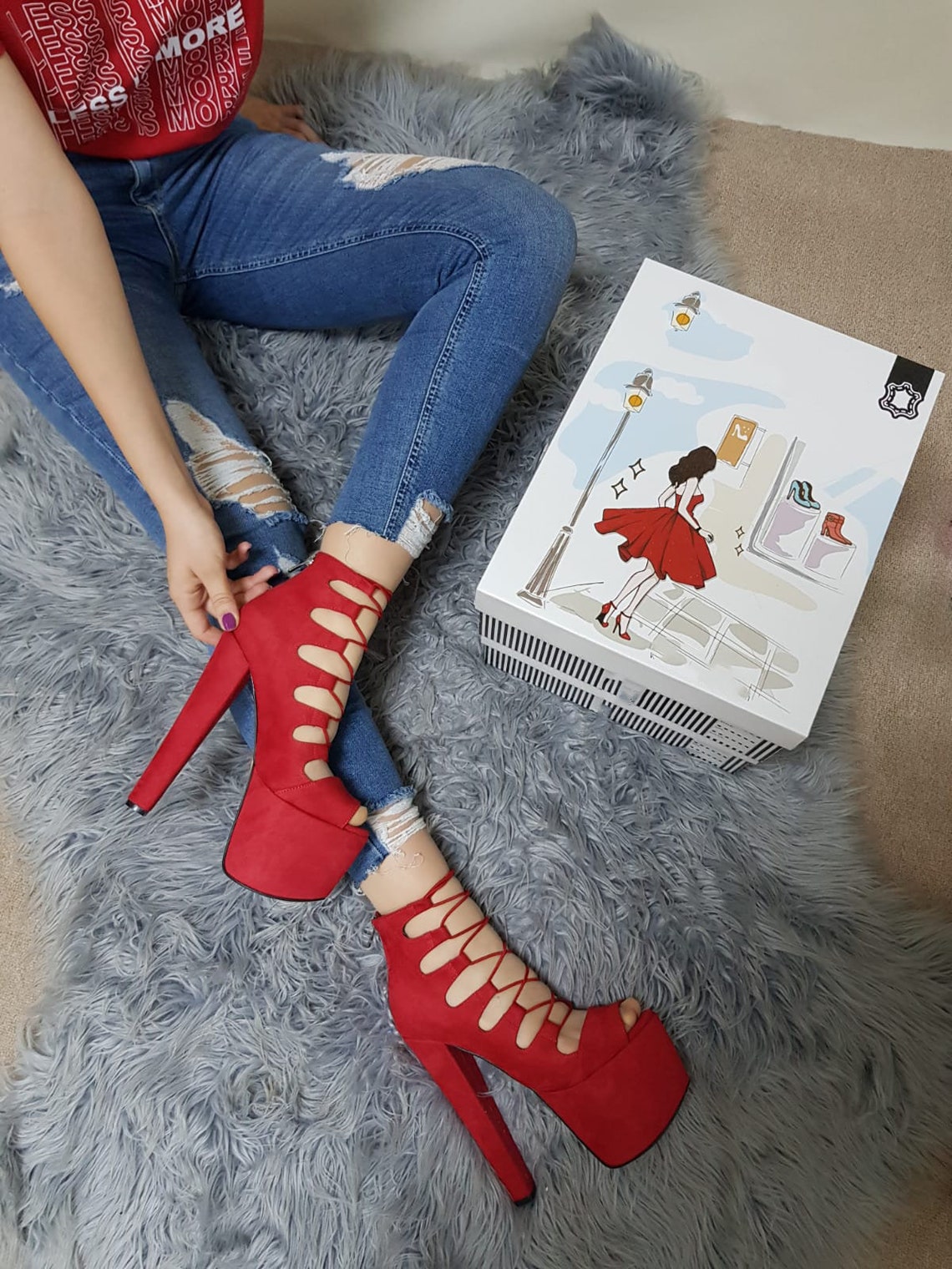 Red Evening Shoes Red Knitting Pattern Thick Heel Platform - Etsy