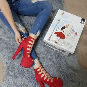 Red Evening Shoes, Red Knitting Pattern High Heel Platform Shoes,red ...
