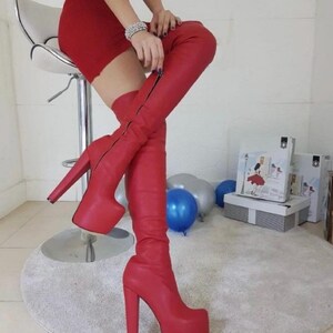 Red Over the Knee Boot, Red Over the Knee Platform Heel Boots, Red High ...