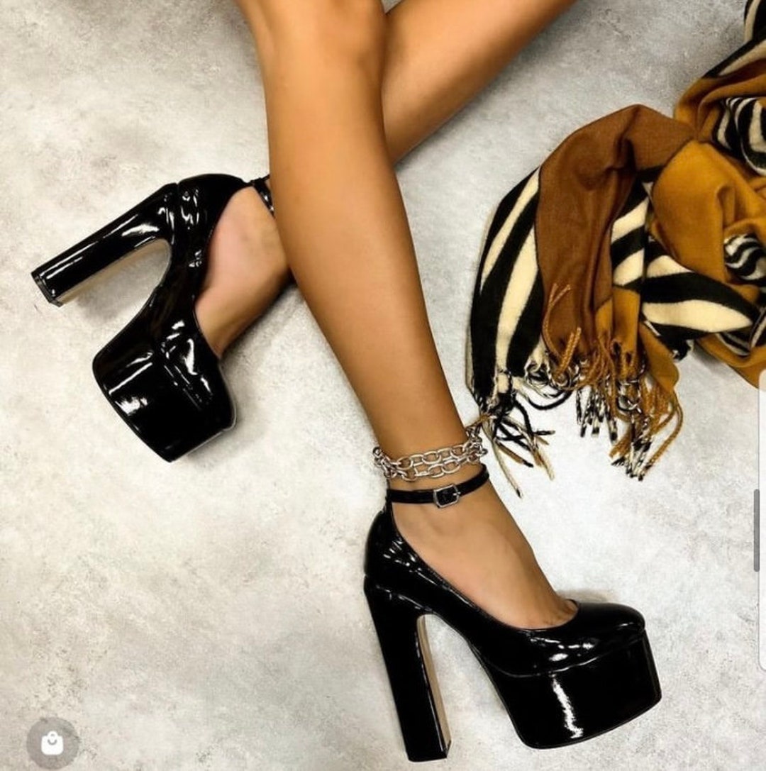 BLACK High Heel Ankle MAXI PLATFORM Shoes, Black Chunky Heel Ankle ...