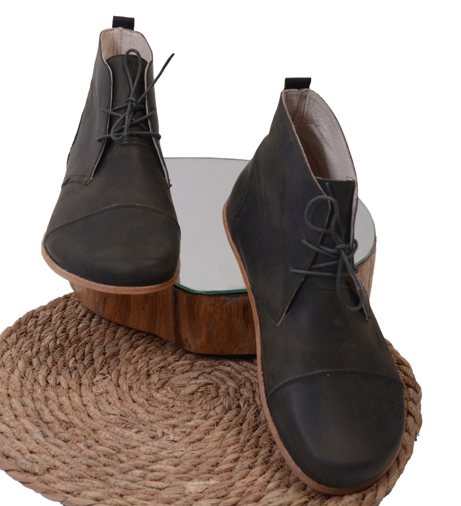 Women Wide Zero Drop Barefoot Greasy Khaki Leather Boots, Handmade ...