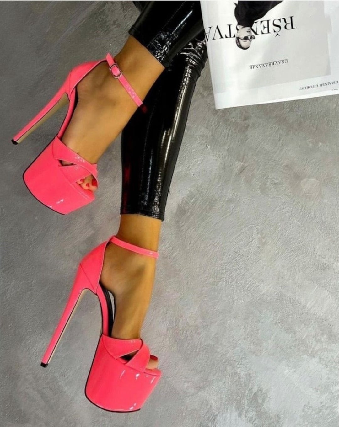 Pink Platform High Heel Evening Shoes - Handmade Artificial Leather - Etsy